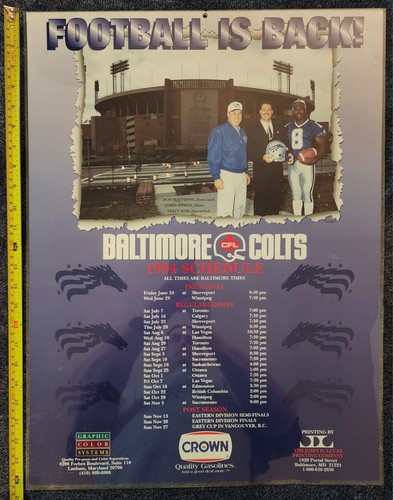 Vintage 1994 Baltimore Colts Stallions CFL FOOTBALL IS BACK Schedule ...