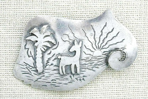 Bezalel style silver Pendant / Brooch w/ Bambi & palm, Hazorfim, Israel ...