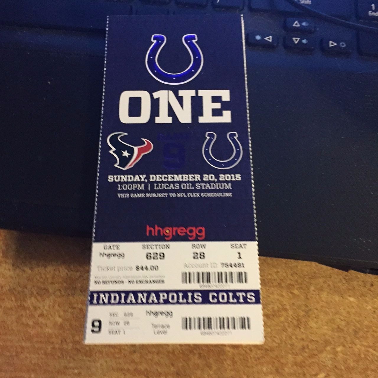 2015 INDIANAPOLIS COLTS VS HOUSTON TEXANS NFL FOOTBALL TICKET STUB 12/ ...