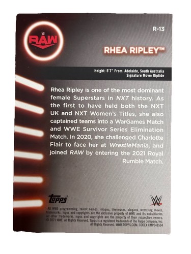 Excellent: 2021 topps WWE Women’s Division Roster Rhea Ripley Trading ...