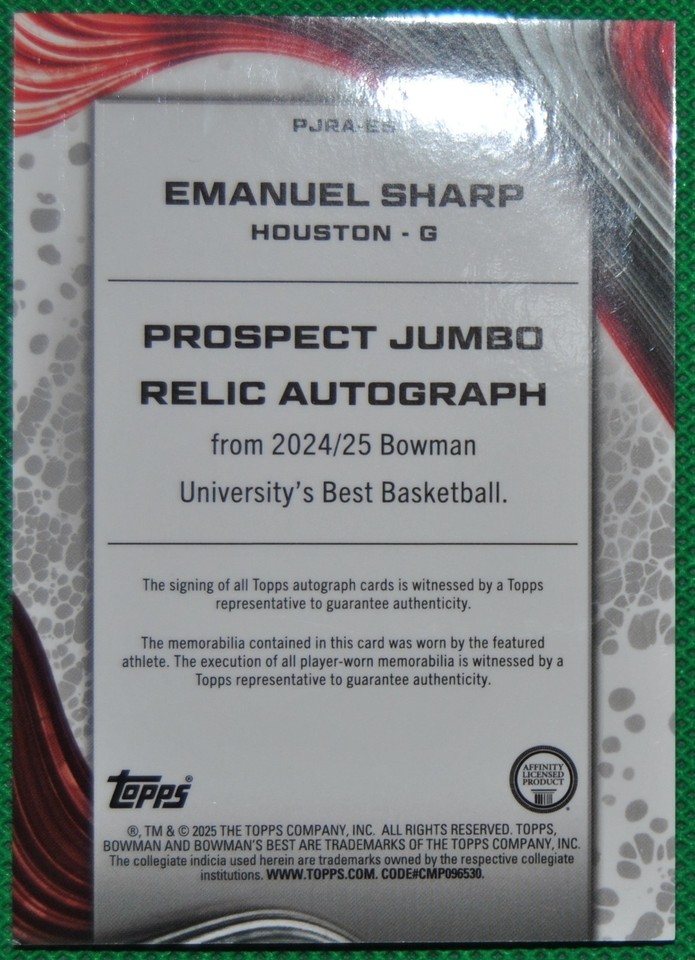 Emanuel Sharp 2024-25 Bowman Best U Orange Jumbo Relic Auto 04/25 H ...