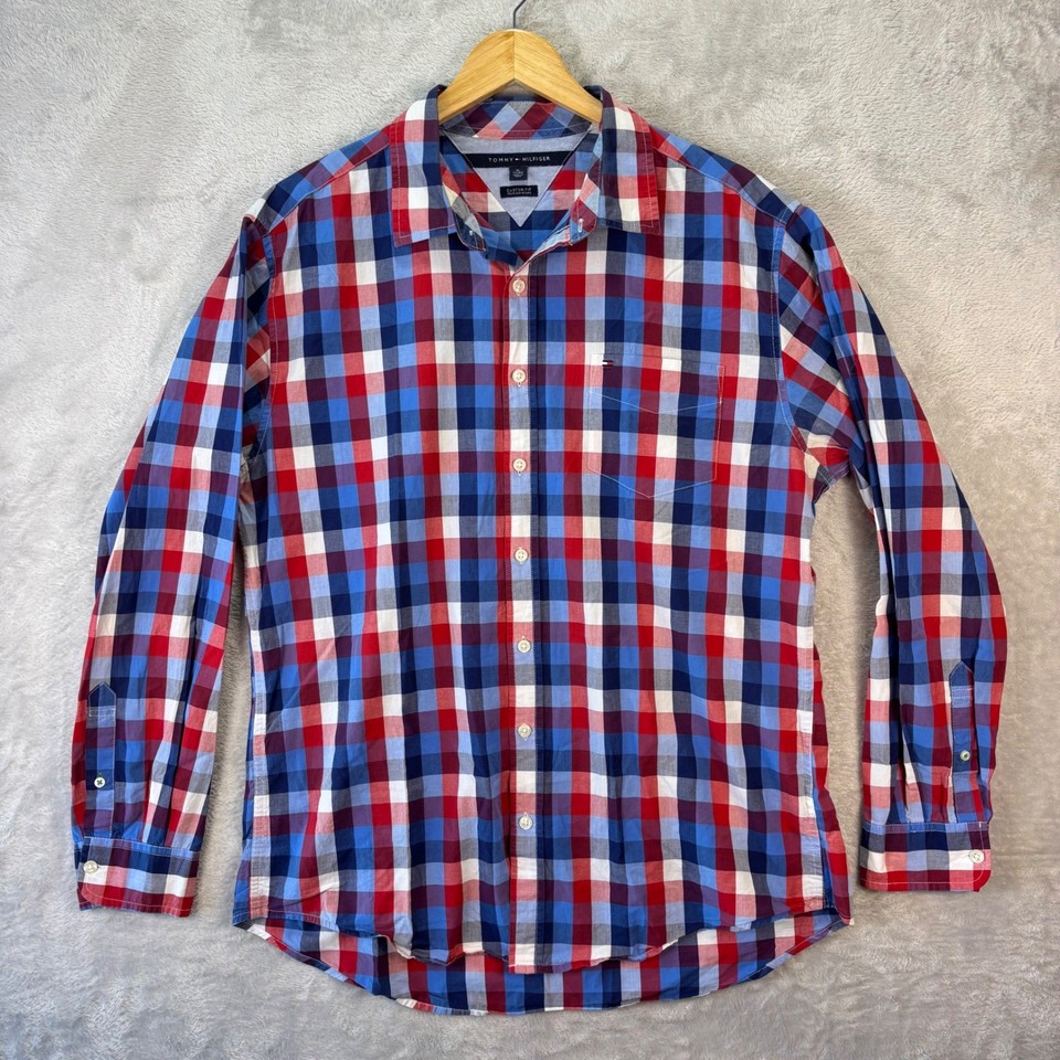 Tommy Hilfiger Men's XL Red Blue White Check Plaid Button Front Shirt ...