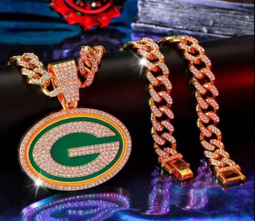 Green Bay Packers Fan Chain Iced out Team Necklace Gold diamond bling ...