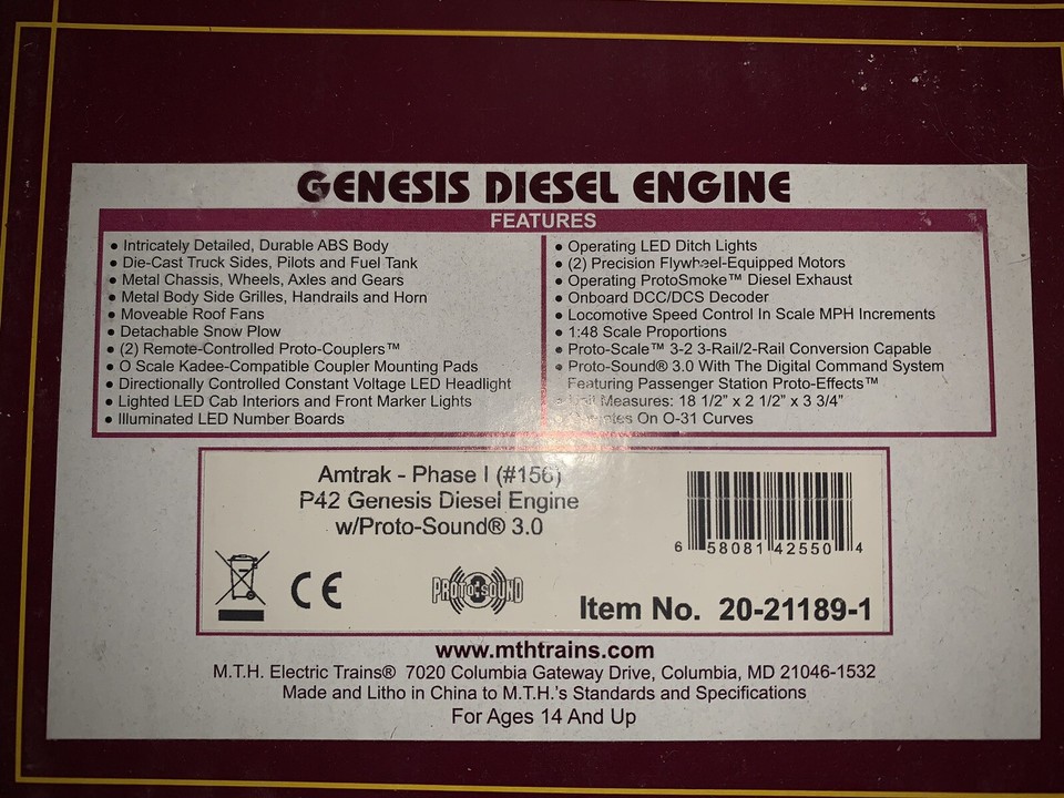 MTH PREMIER AMTRAK P42 GENESIS DIESEL ENGINE 20-21189-1! O SCALE ...