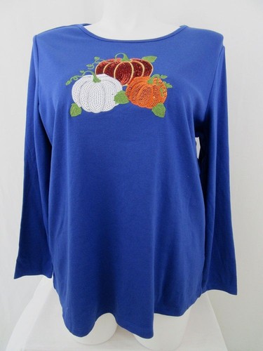 Quacker Factory Size 1X Blue Fall Blessings Sequin Long Sleeve Top | eBay
