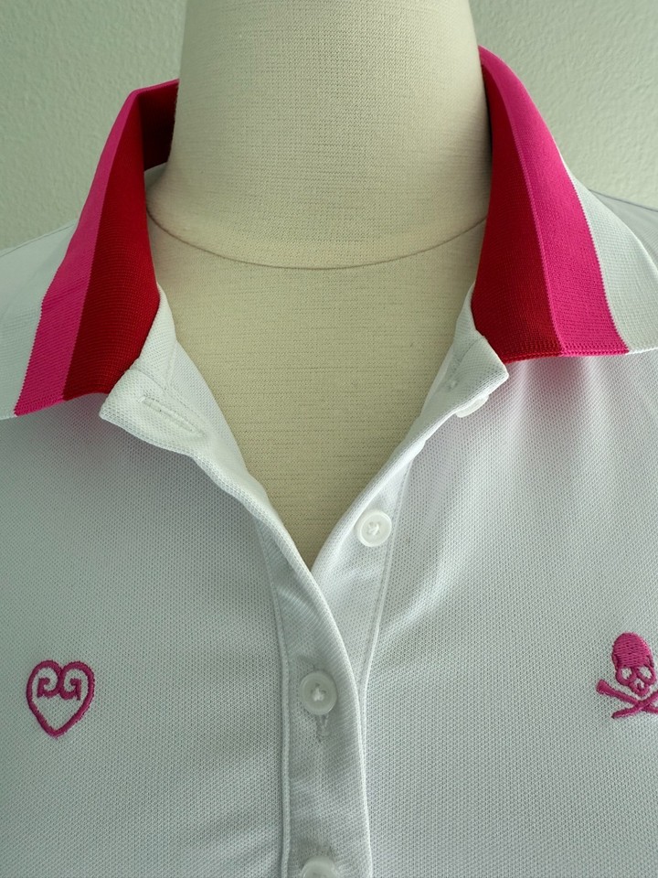 G/FORE Women’s Sleeveless Golf Polo Shirt M White Pink Red Trim Skull ...