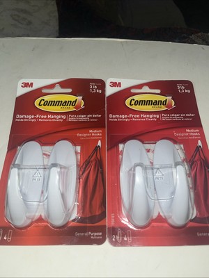 3M Command 2 Medium Designer HOOKS 4 Adhesive STRIPS Multi-Use White ...
