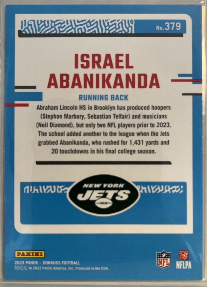 Israel Abanikanda 2023 Donruss Rated Rookie Card #379 New York Jets | eBay