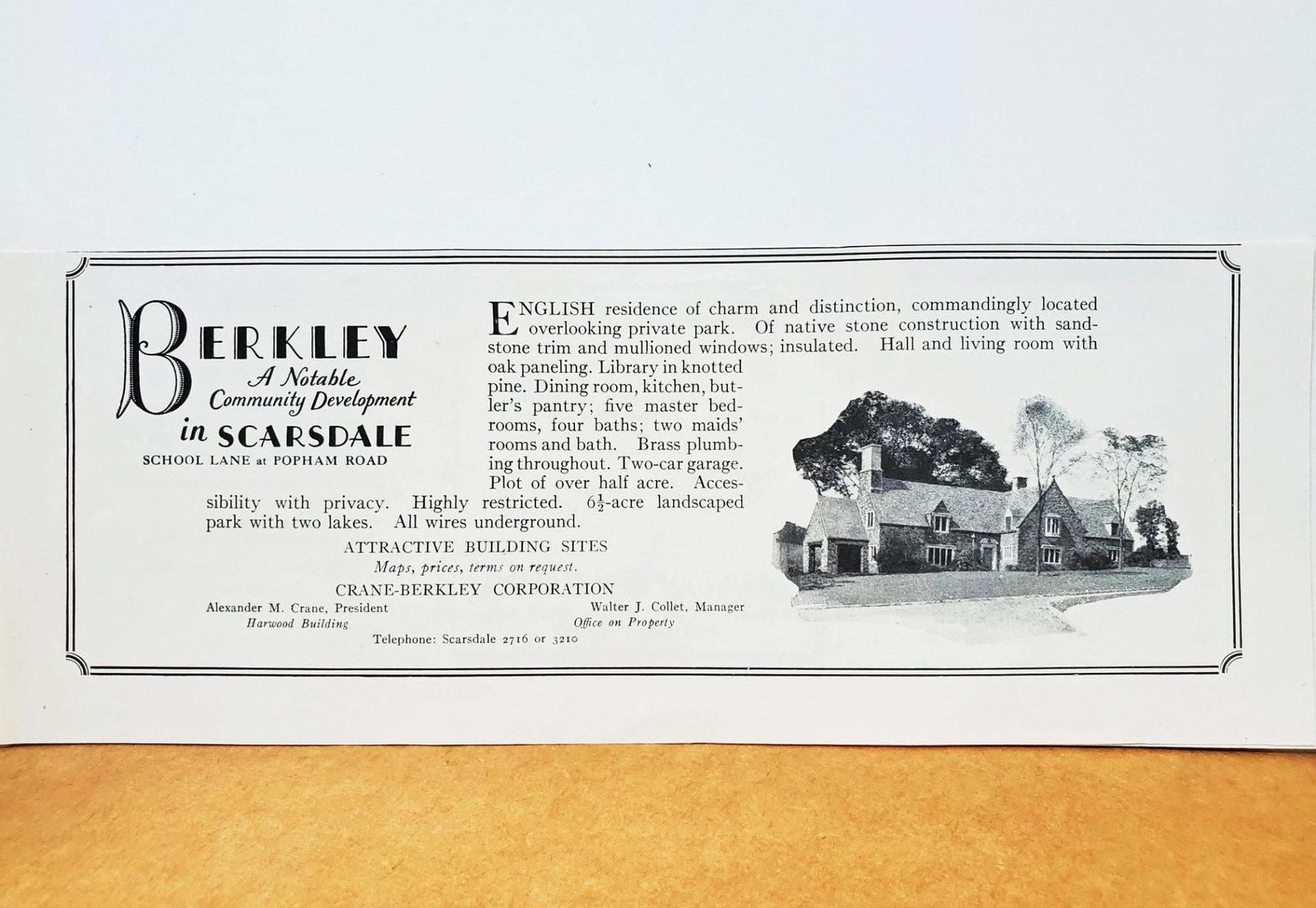 1930 Scarsdale NY Lockwood Hall English Style House Crane-Berkley PHOTO ...