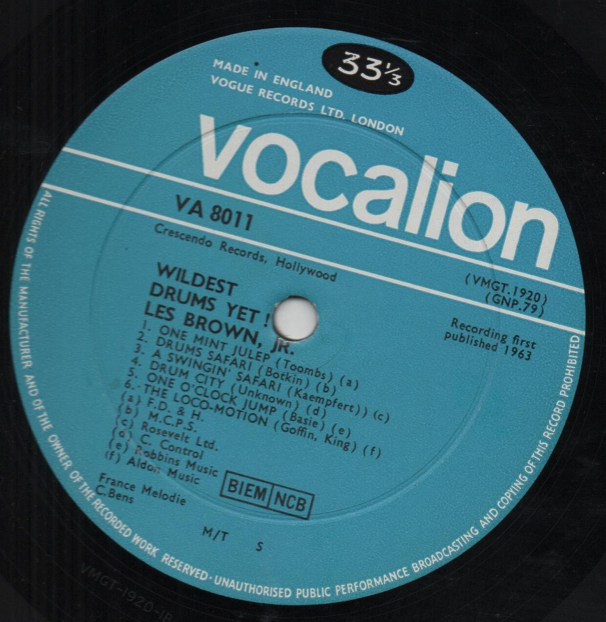 LES BROWN JR. wildest drums yet 1963 UK VOCALION MONO VINYL SURF TWANG ...