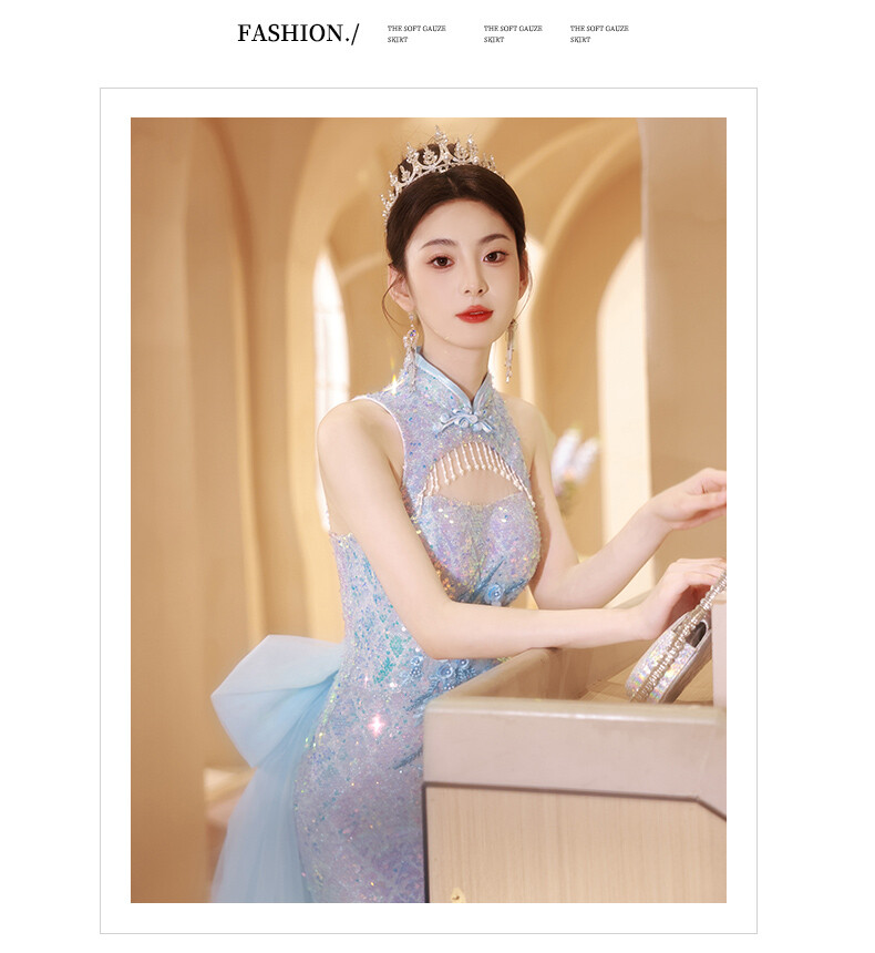 Chinese Cheongsam Evening Gown 2025 Luxury Bow Banquet Toast Super Blue ...