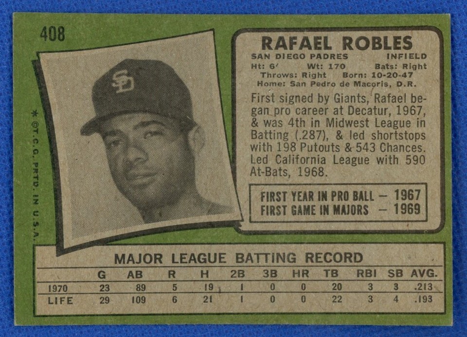 1971 Topps Baseball # 408 Rafael Robles San Diego Padres VG-VGEX ...