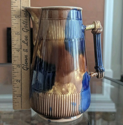 Majolica George Jones Pitcher Jug Antique Brown Blue Glaze Vintage Art ...
