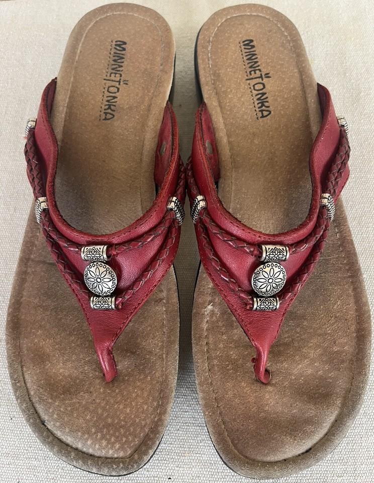 Minnetonka Red Braided Leather Silver Medalion Flip Flop Thong Sandals ...