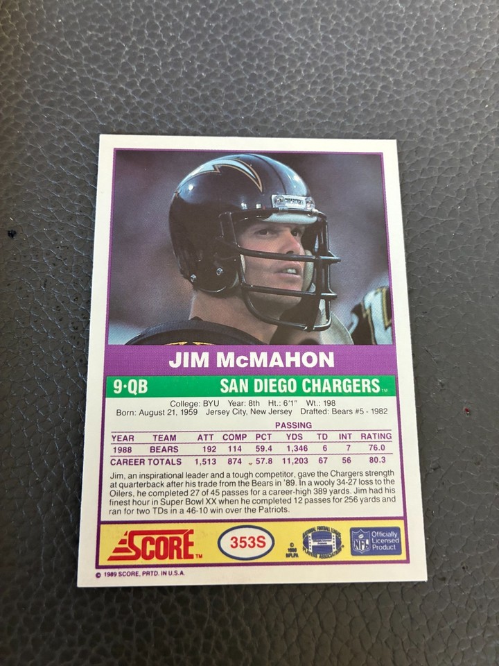 Jim McMahon 1989 Score Supplemental #353S San Diego Chargers | eBay