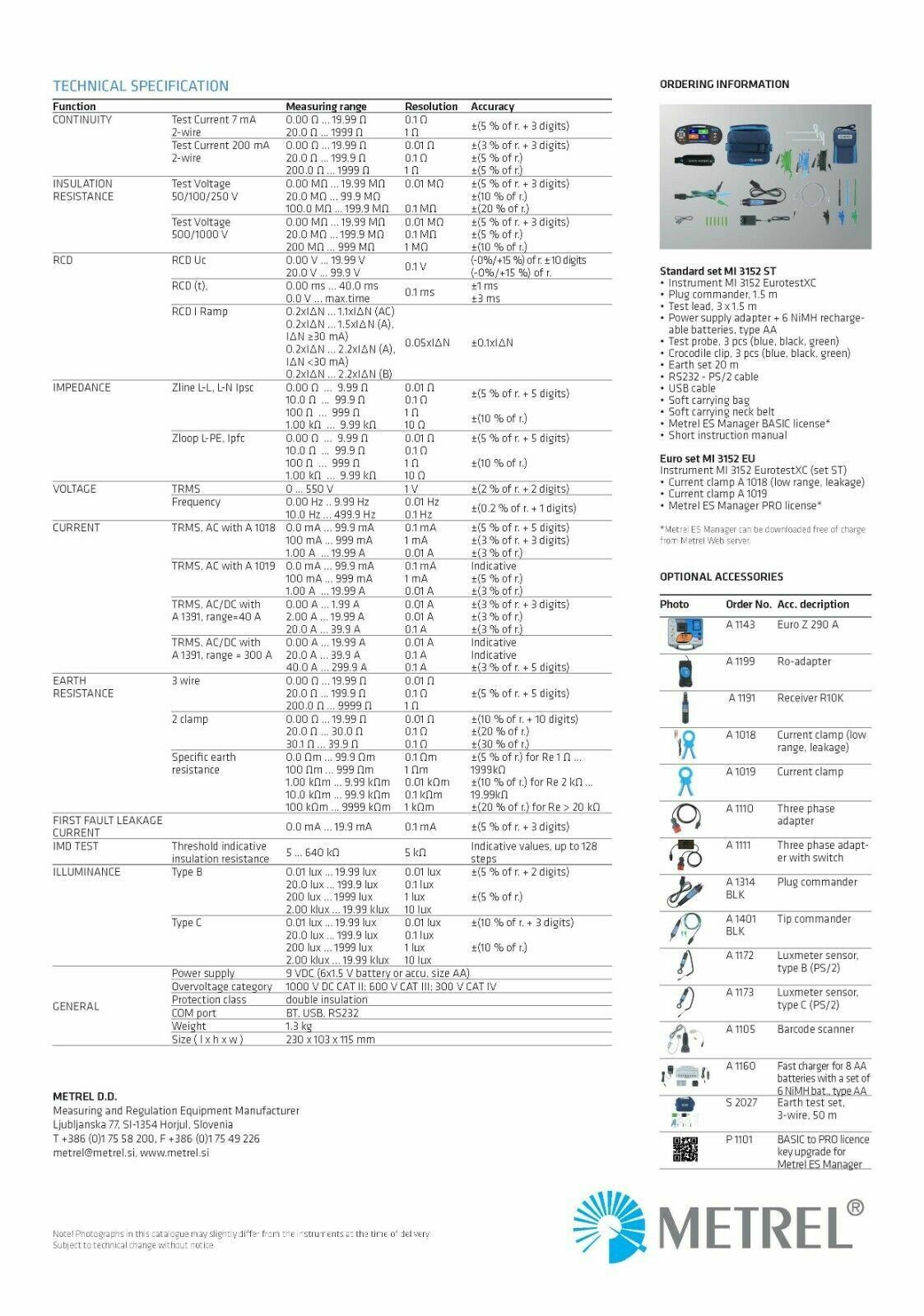 Metrel MI 3152 EurotestXC 1kV Multifunction Tester, TRMS, RCD ...