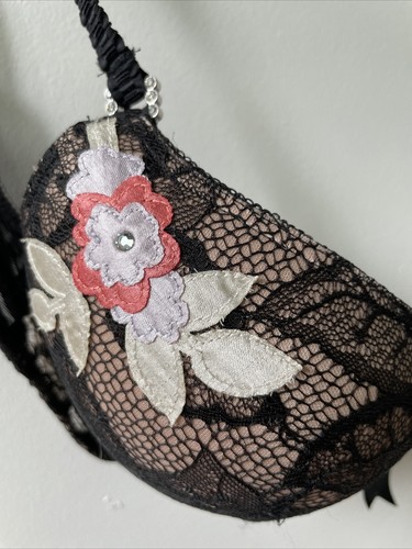 PLEASURE STATE BRA 12C Black Lace Padded Pretty Rhinestone Embellished ...