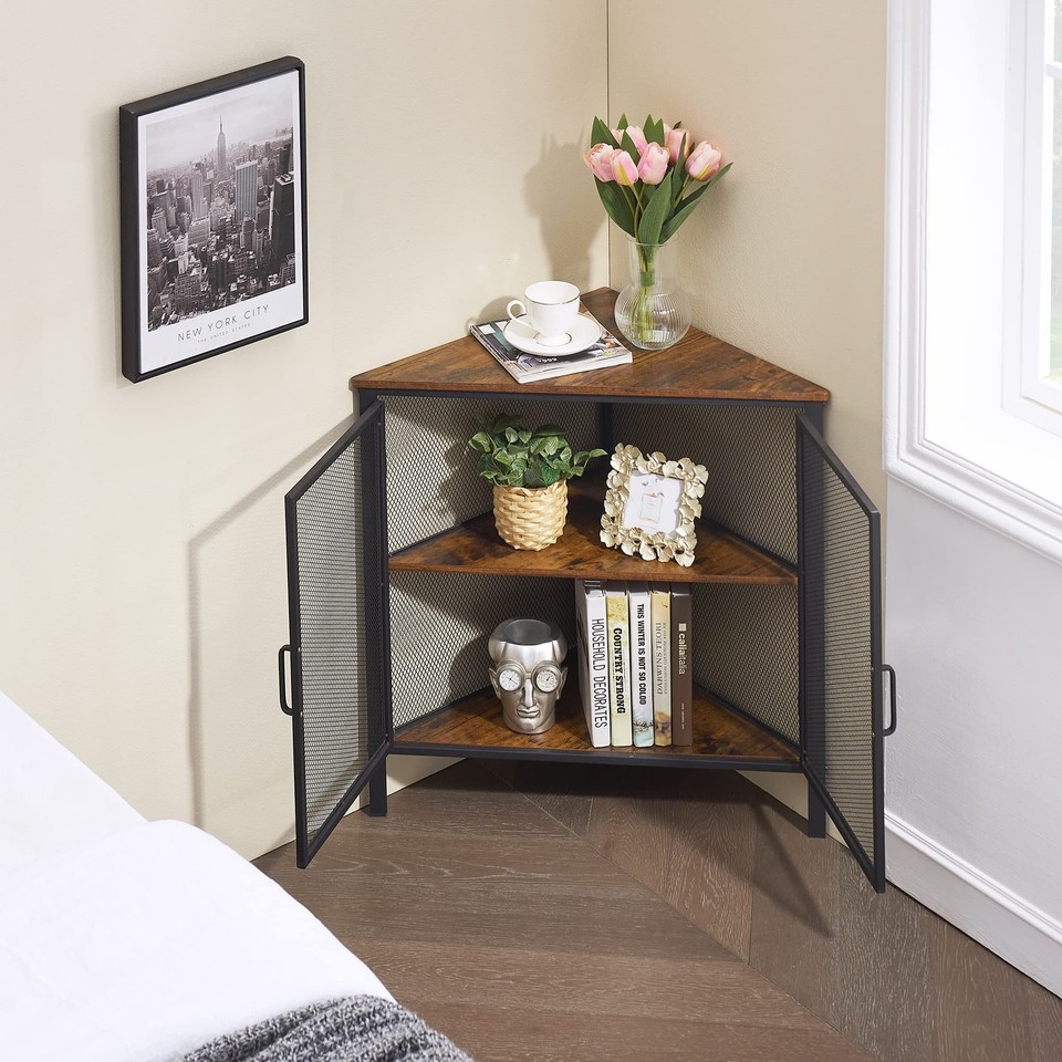 3-Tier Corner Table,Cabinet with Mesh Door,Corner Shelf Stand,Metal ...