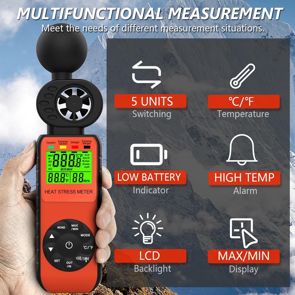 HOLDPEAK Wind Speed & Heat Stress WBGT Meter, Digital Handheld ...