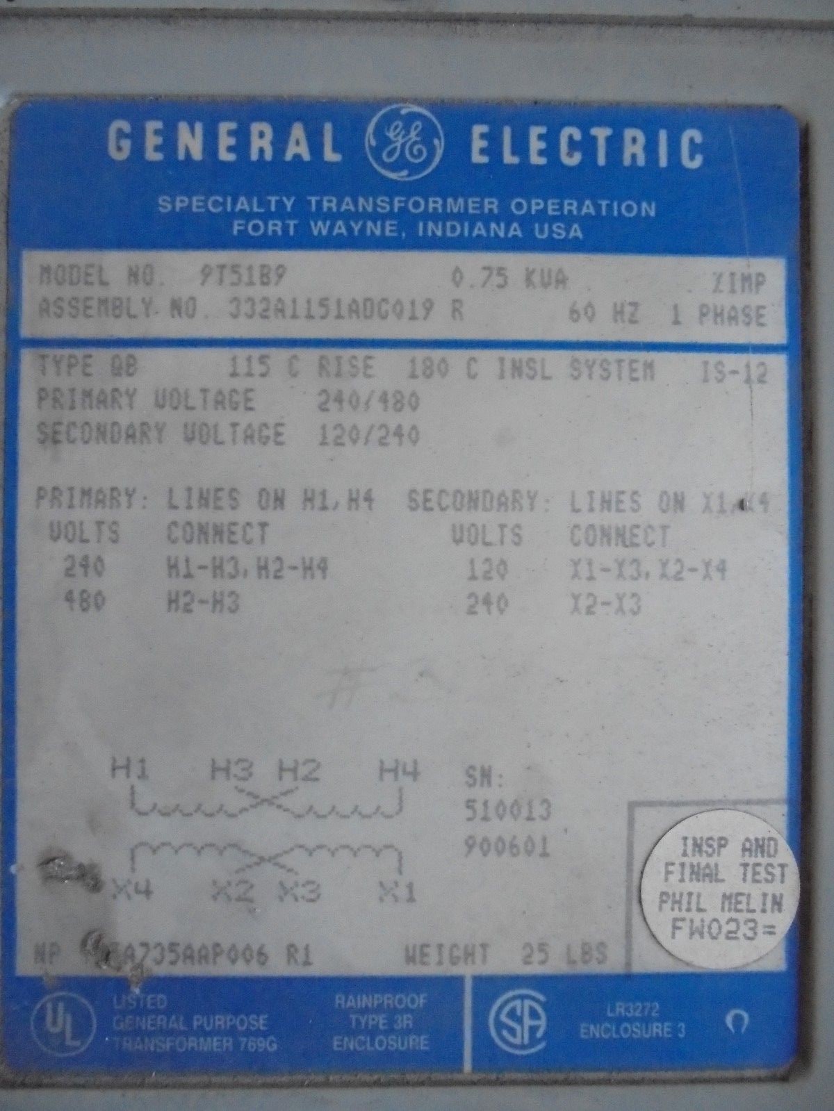 GE 9T51B9 Transformer .750KVA 240/480X120/240 Volt 1 Phase T1477 ...