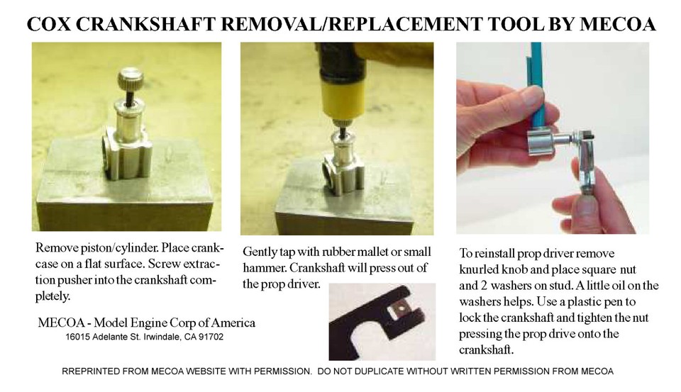 COX ENGINE .049 crankshaft removal & installation tool | eBay