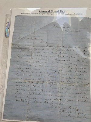 Letter From Kentucky Union General Speed Fry. | eBay