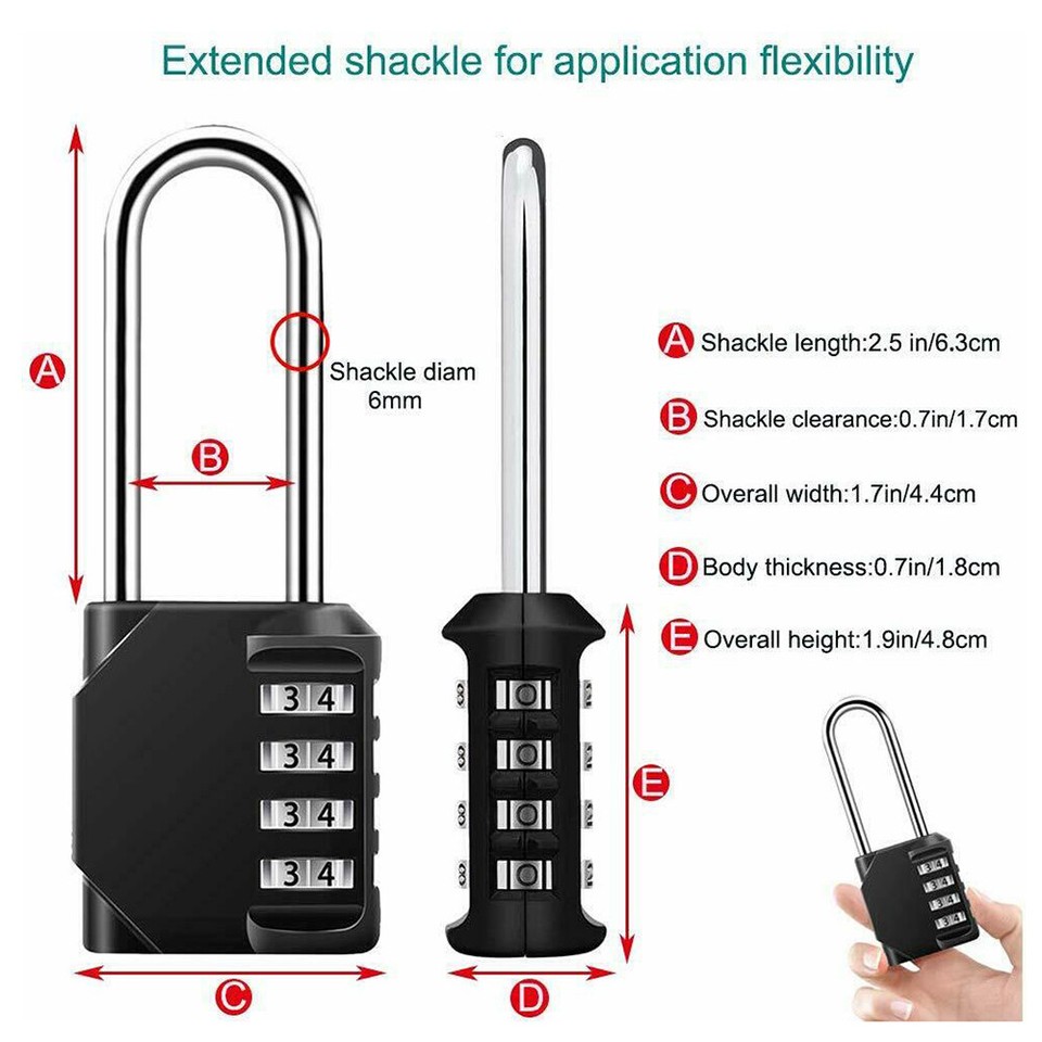 2X Padlock 4 Digit Combination Black Long Shank Lock Gym Lockers Sheds ...