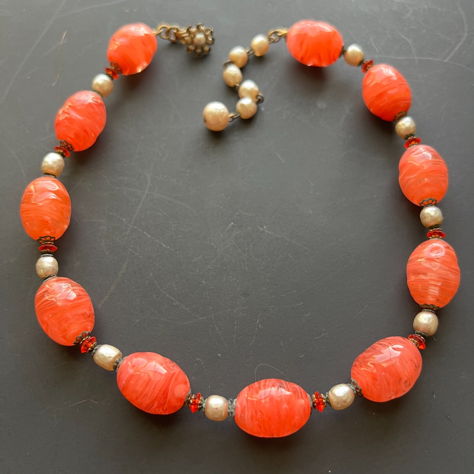 Signed MIRIAM HASKELL Vintage Necklace Orange Art Gla… - Gem