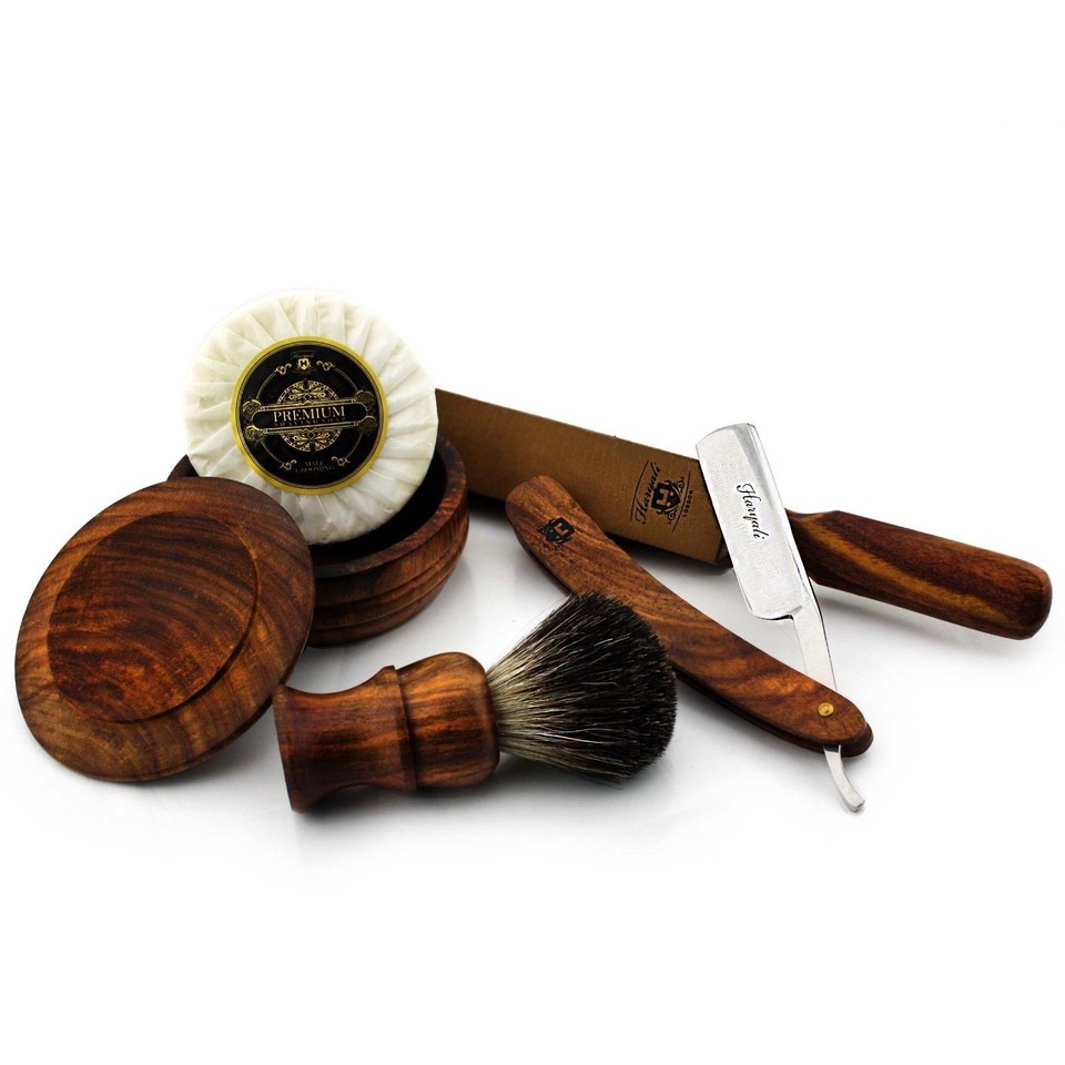 CLASSIC OLD WOOD CUT THROAT STRAIGHT RAZOR SHAVING GIFT SET SOAP BADGER ...
