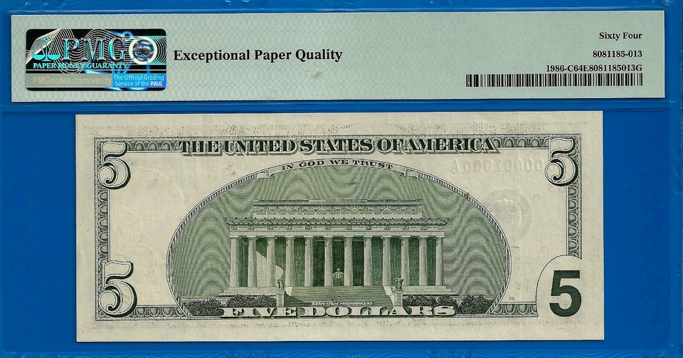 1999 $5 Federal Reserve note PMG 64EPQ Low serial number fancy serial ...