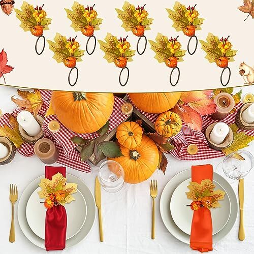 8 Sets Fall Thanksgiving Cloth Napkins and Napkin Ring Holders Reusable ...
