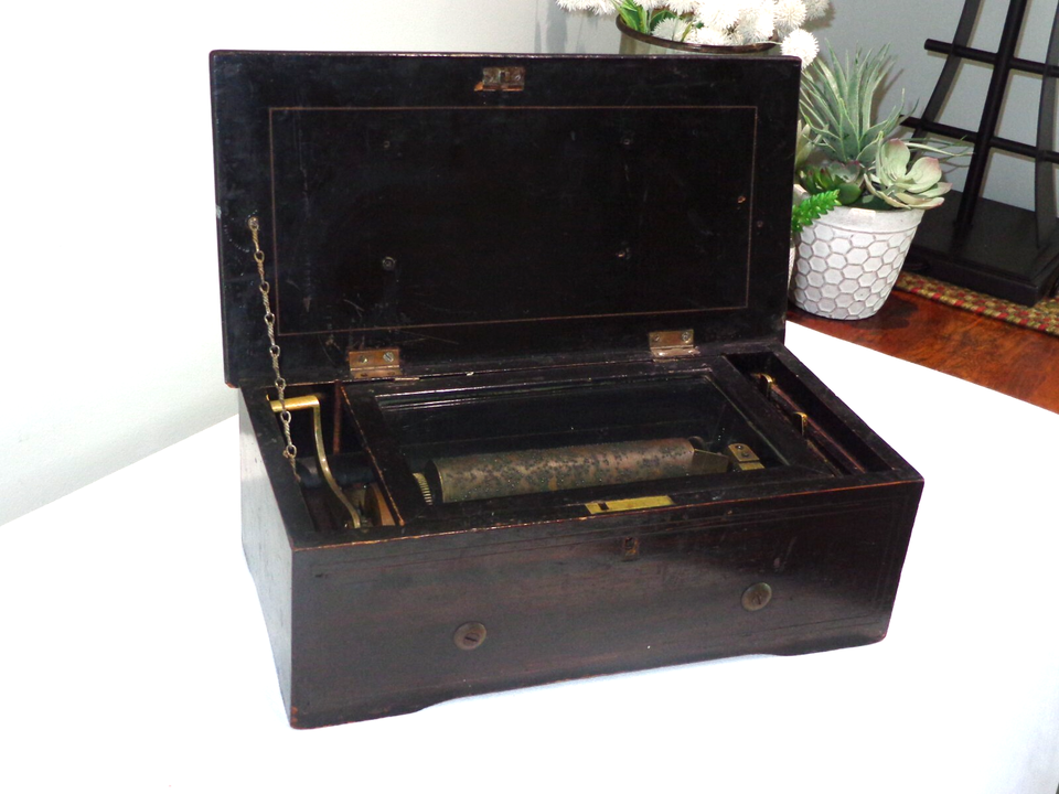 Antique 1880s Working Swiss Cylinder Roll 14" Wood Music Box w/ Inlaid ...