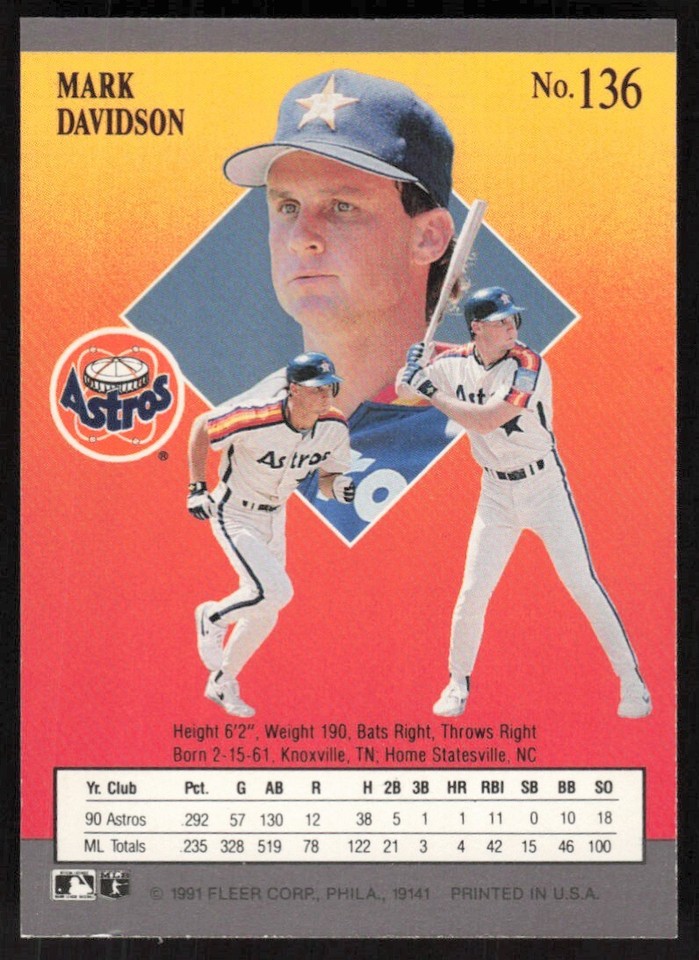 1991 Fleer Ultra #136 Mark Davidson Houston Astros | eBay