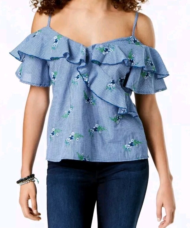 Gypsies And Moondust Top Ruffled Gingham Off The Shoulder Blouse Xl Blue