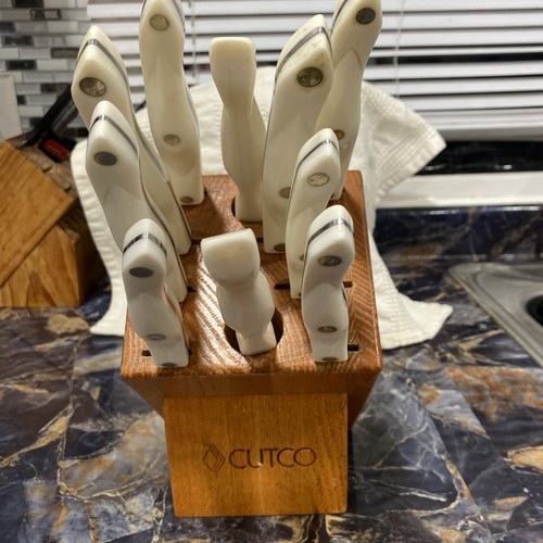 CUTCO 10 Piece White Pearl Handle Knife Set w/ Block Fork 1720-26, 1729 ...