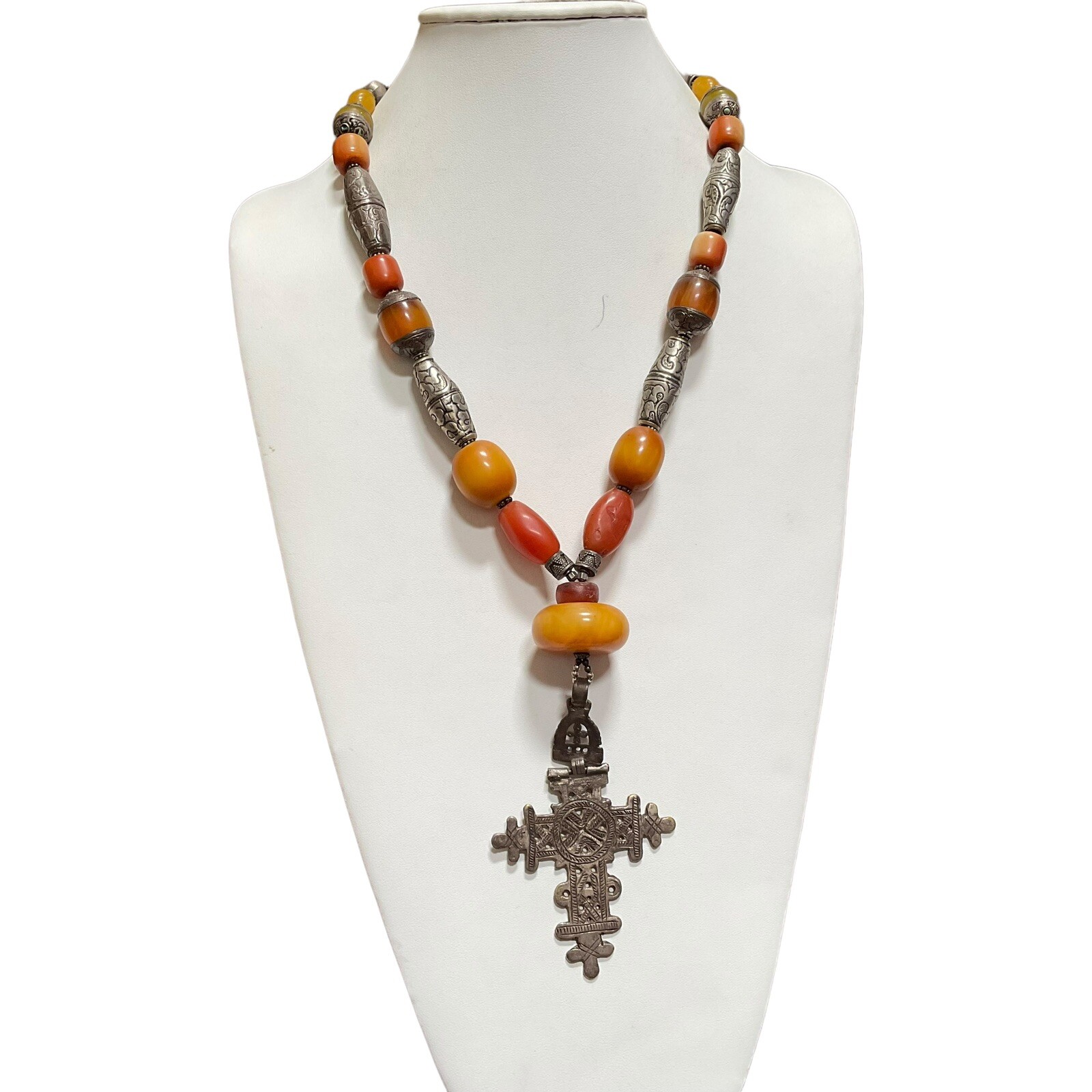 Silver Ethiopian Coptic Hinged Cross Necklace Amber B… - Gem
