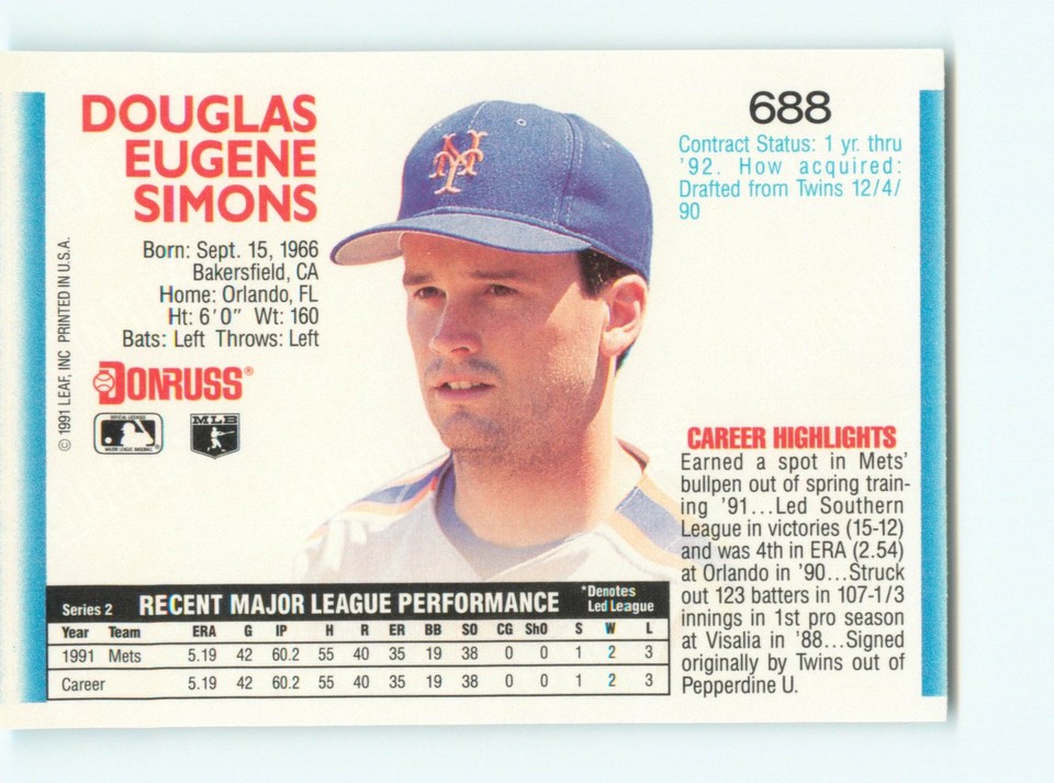 1992 Donruss #688 Doug Simons New York Mets | eBay