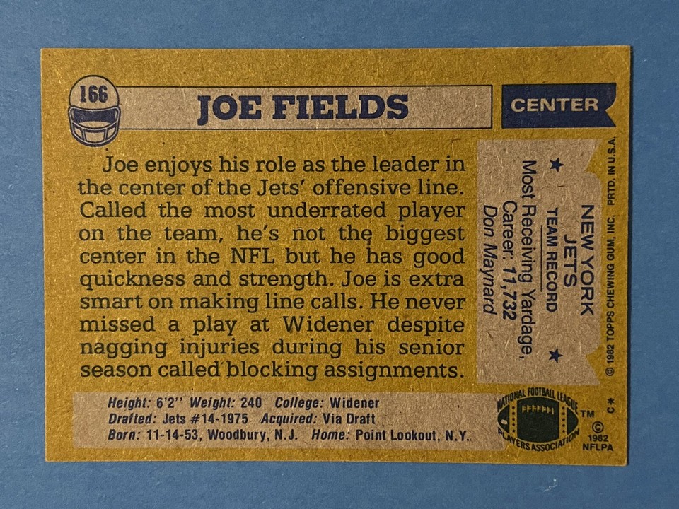 JOE FIELDS Hand Signed 1982 Topps #166 NY Jets Widener Pioneers ...