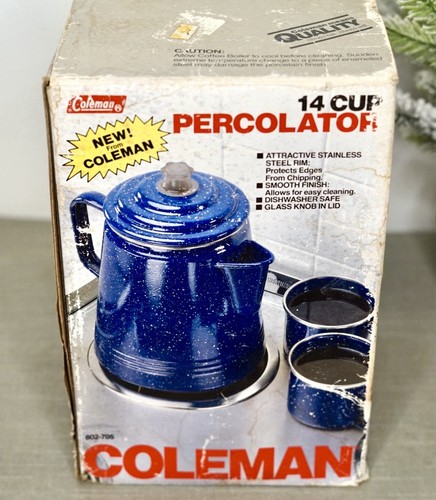 Coleman Outdoor Percolator Coffee Pot Blue Enamelware Campfire Kettle ...