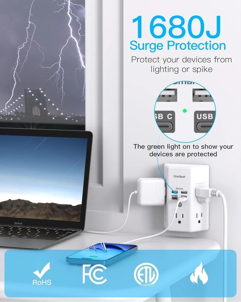 5 Outlet Extender Surge Protector Multi Plug Wall Adapter USB Charger ...