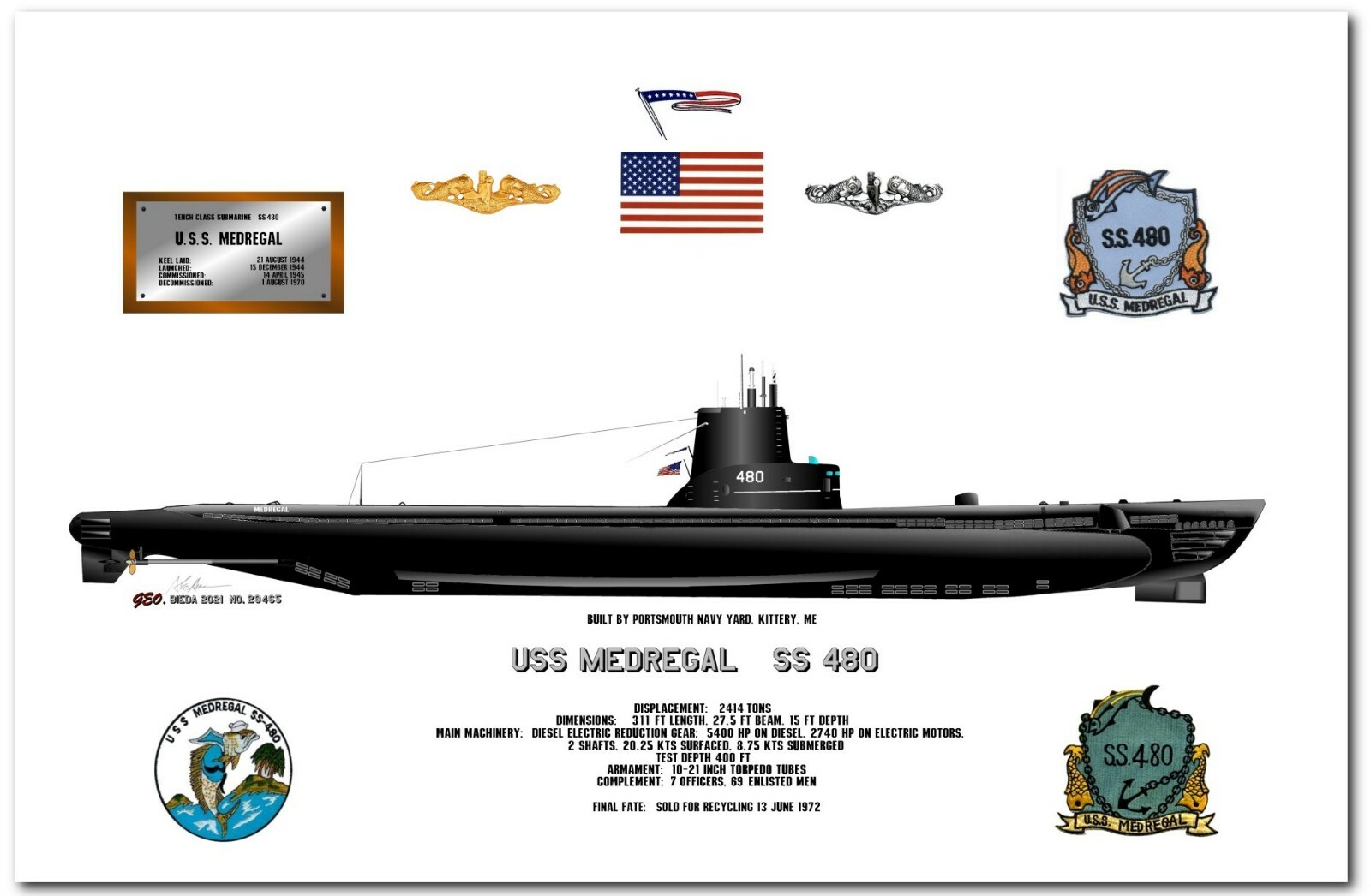 USS Medregal SS 480, US Navy Tench Class Submarine Print, circa 1952 ...