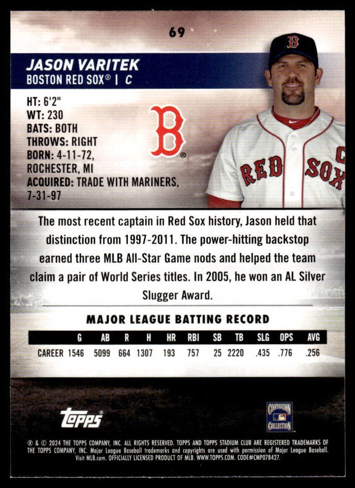 2024 Topps Stadium Club Jason Varitek #69 Boston Red Sox Baseball Card ...