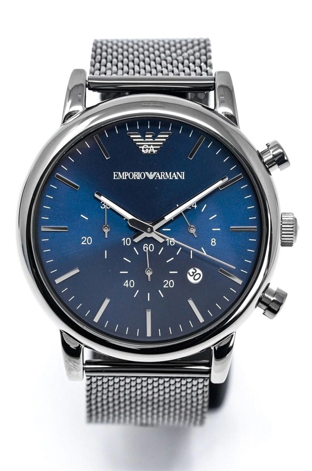 NEW EMPORIO ARMANI MENS WATCH STAINLESS STEEL GREY MESH BAND & BLUE ...