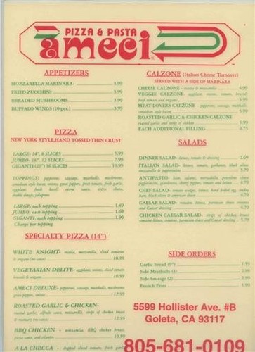 Ameci Pizza & Pasta Menu Hollister Ave Goleta California | eBay