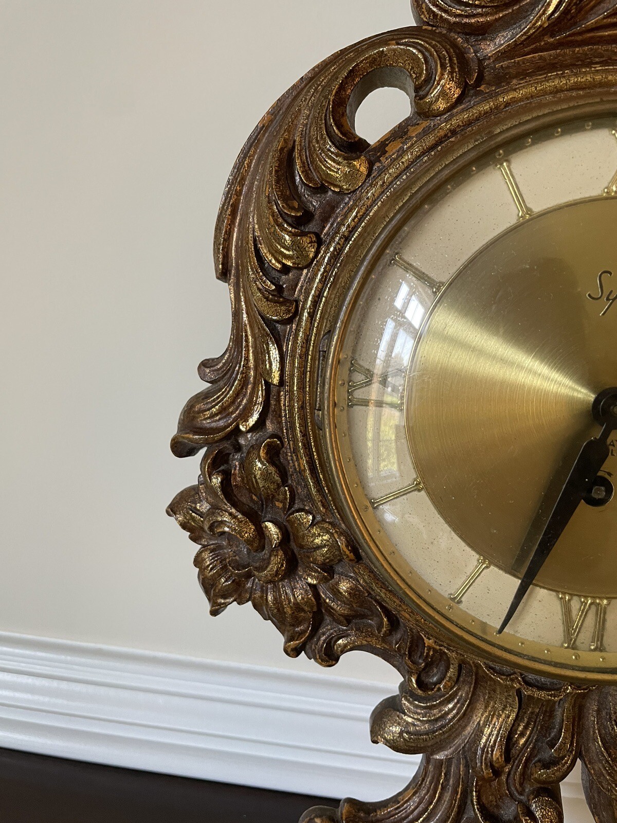 antique vintage French clock brass ornate wall clock wind up roses ...