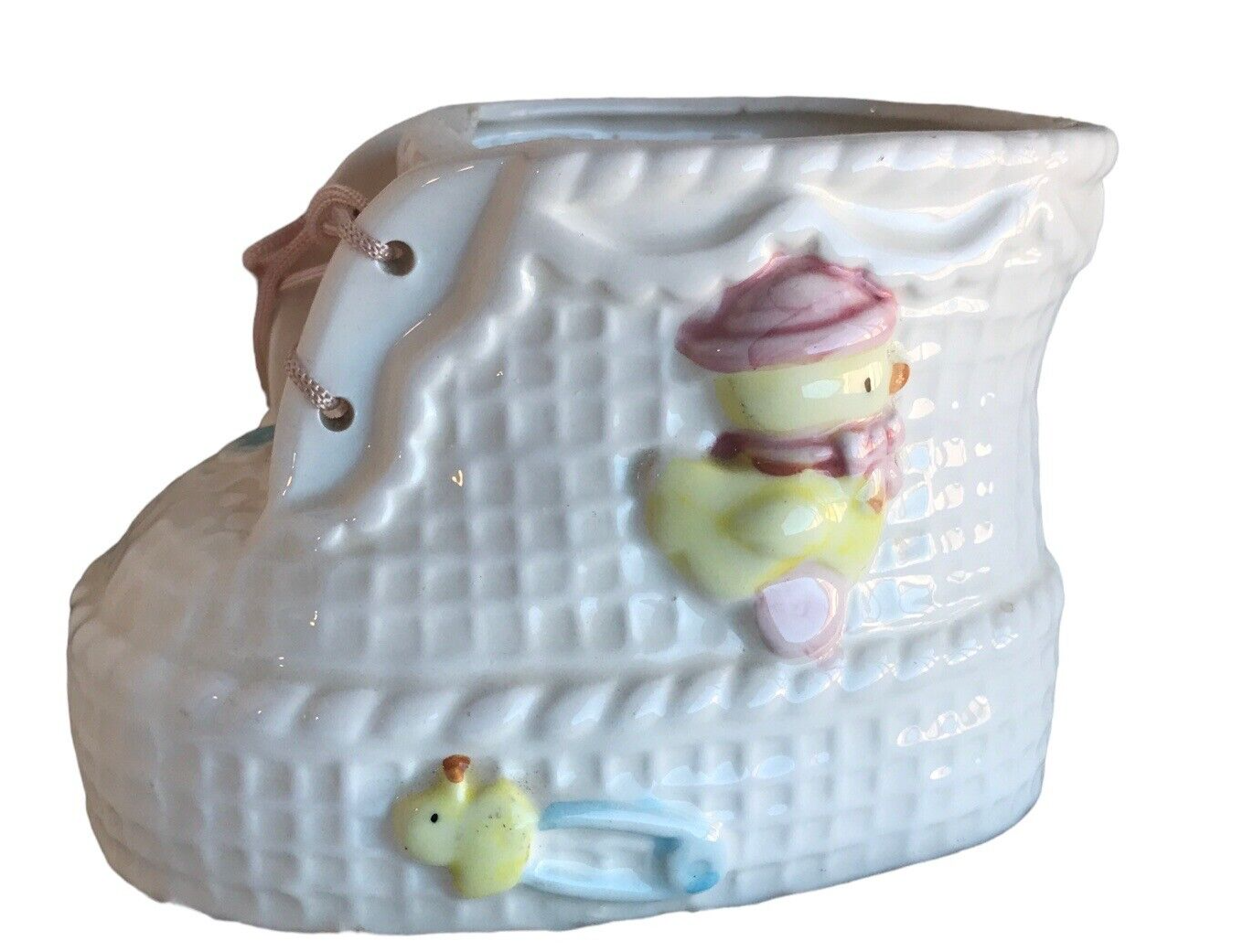 White Ceramic Baby Shoe Planter Container Centerpiece Duck Safety Pin 5 ...