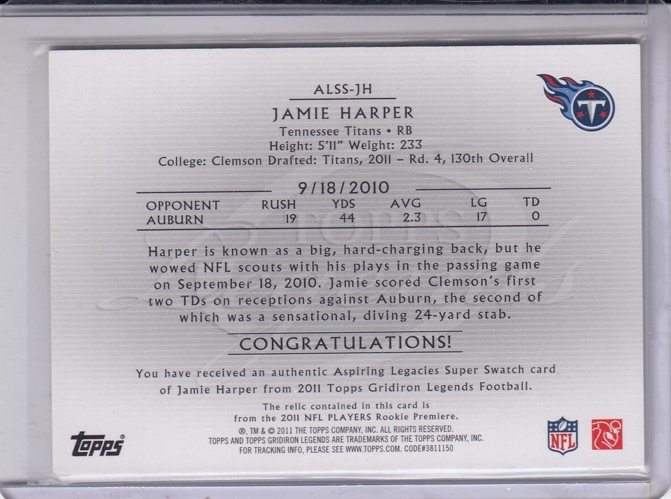 JAMIE HARPER 2011 Topps Legends Aspiring Legacies Jsy Jumbo Swatch 99/ ...