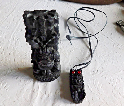VINTAGE COCO JOE LAVA TIKI HAWAII PENDANT W/ RED JEWELLED EYES & STATUE ...