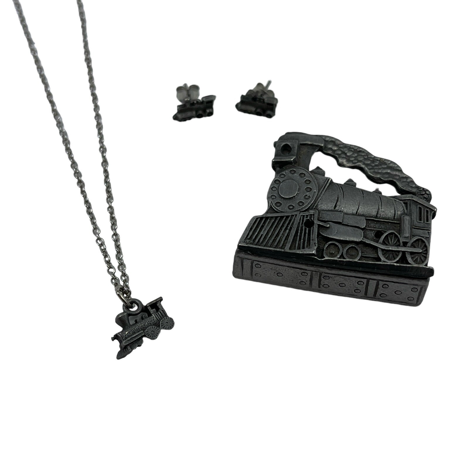 Vintage Torino Pewter Train Set Brooch Trinket Box Ea… - Gem