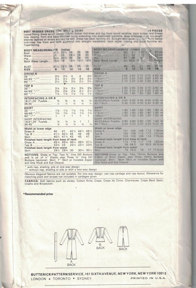 6687 Vintage Butterick SEWING Pattern Misses Dress Top Belt Skirt UNCUT ...
